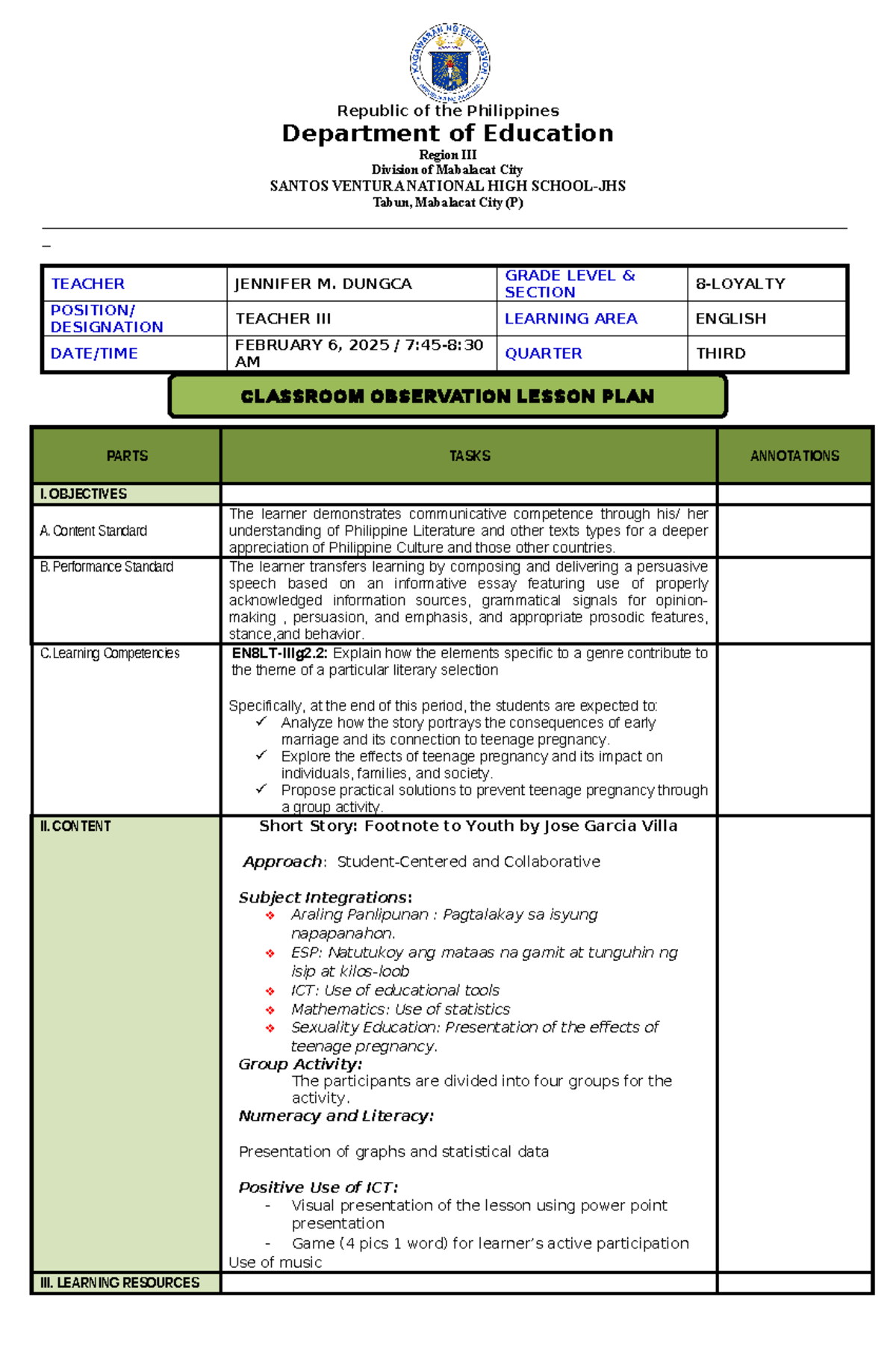 COT - English 8 - Detailed Lesson Plan on Footnote to Youth - Studocu