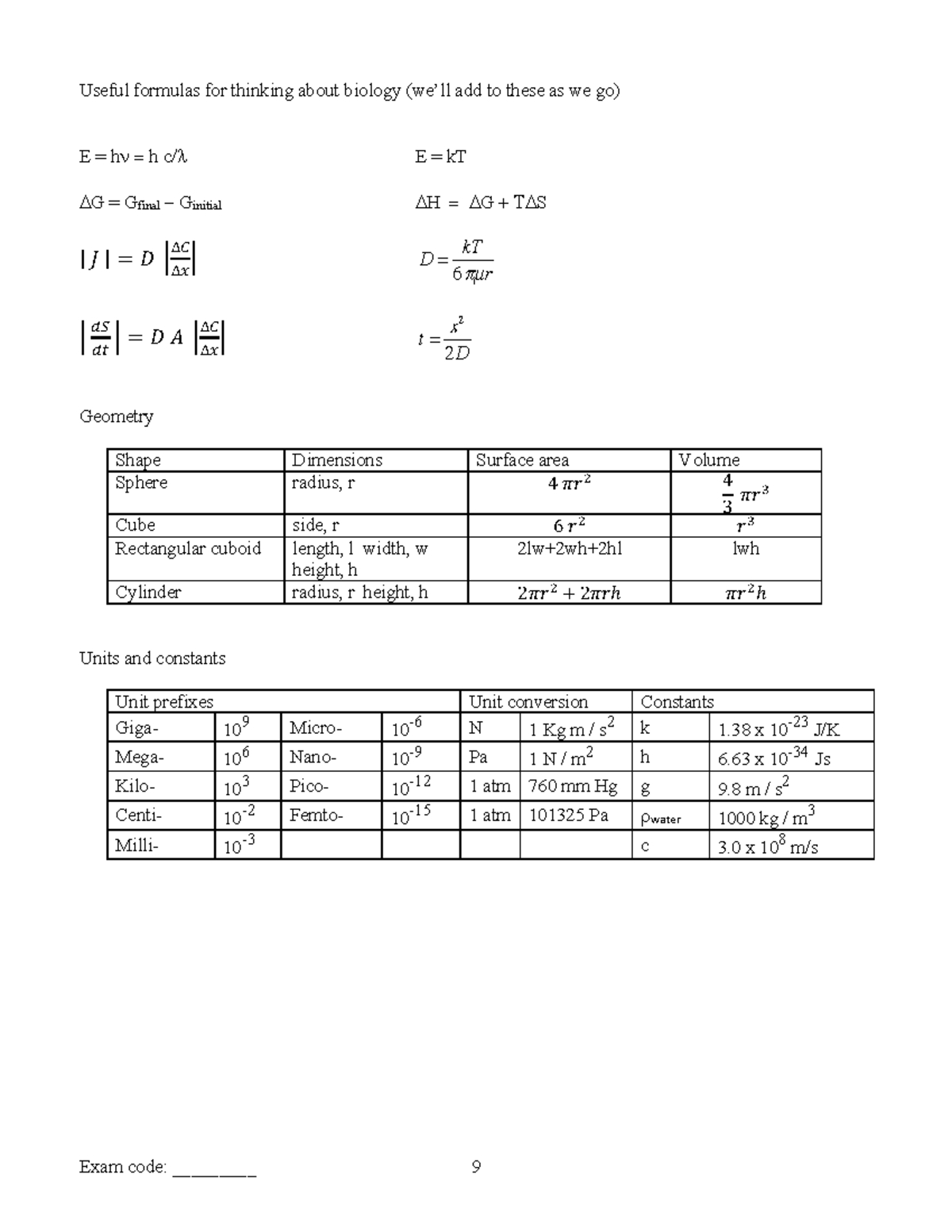 Useful Formulas and Constants for Biology - Exam 1 Key - Studocu