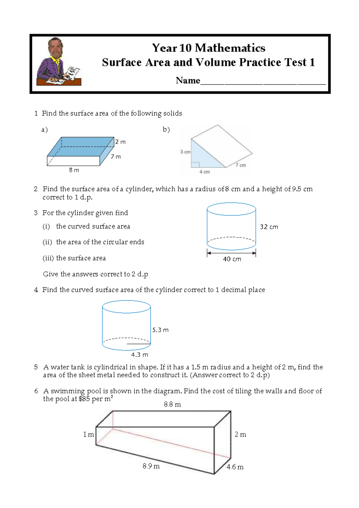 Year 10 Mathematics: Surface Area and Volume Practice Test - Studocu