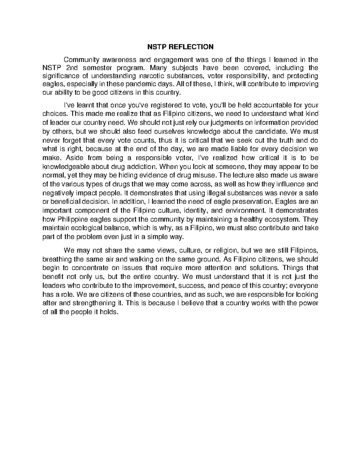 NSTP-12: Reflection on Community Engagement and Responsibility - Studocu