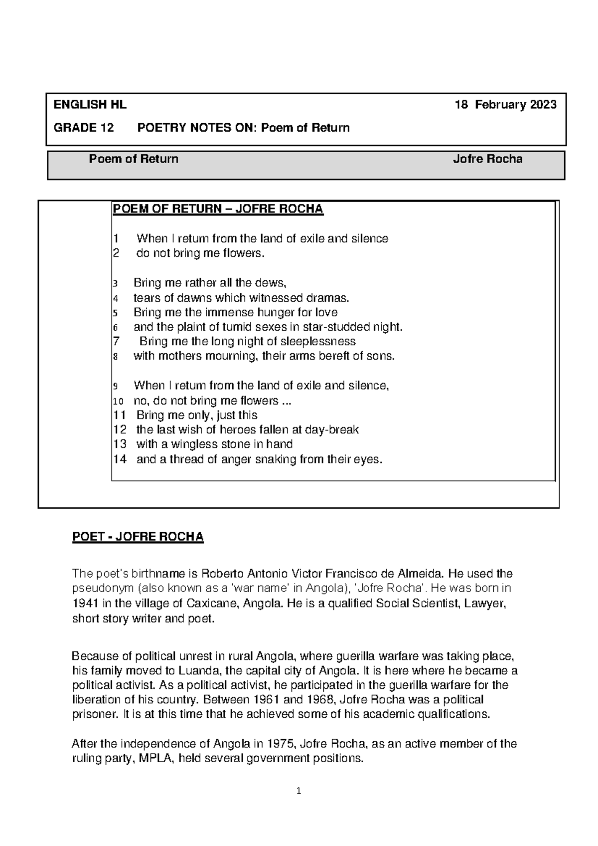 POETRY ANALYSIS: POEM OF RETURN (ENGLISH HL) - GRADE 12 NOTES - Studocu