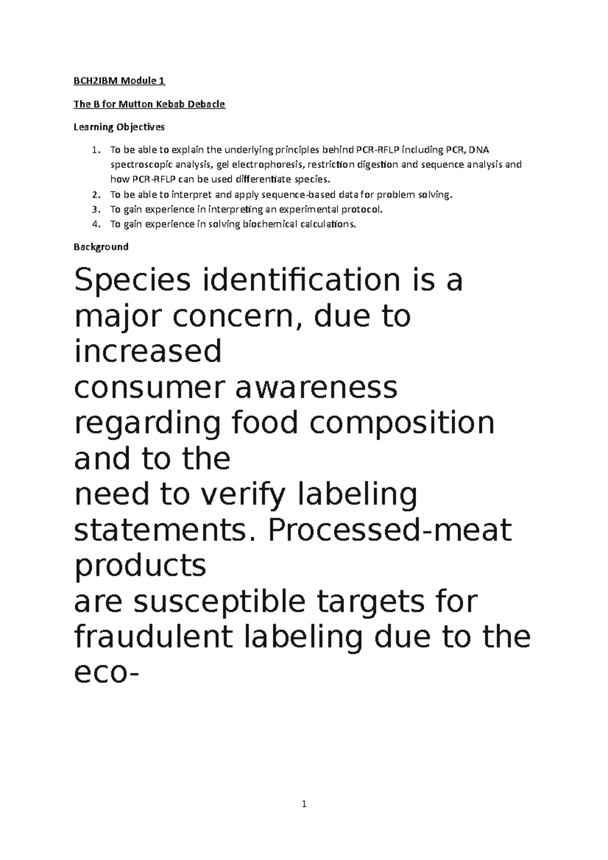 BCH2IBM Module 1: Understanding PCR-RFLP for Species Identification ...