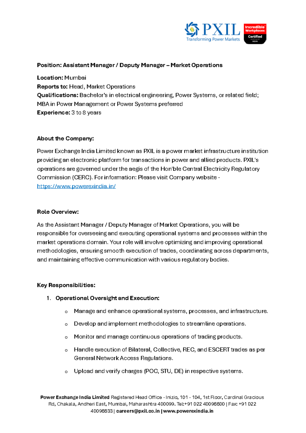 Market Operations - Assistant Manager/Deputy Manager JD (AMDM) - Studocu