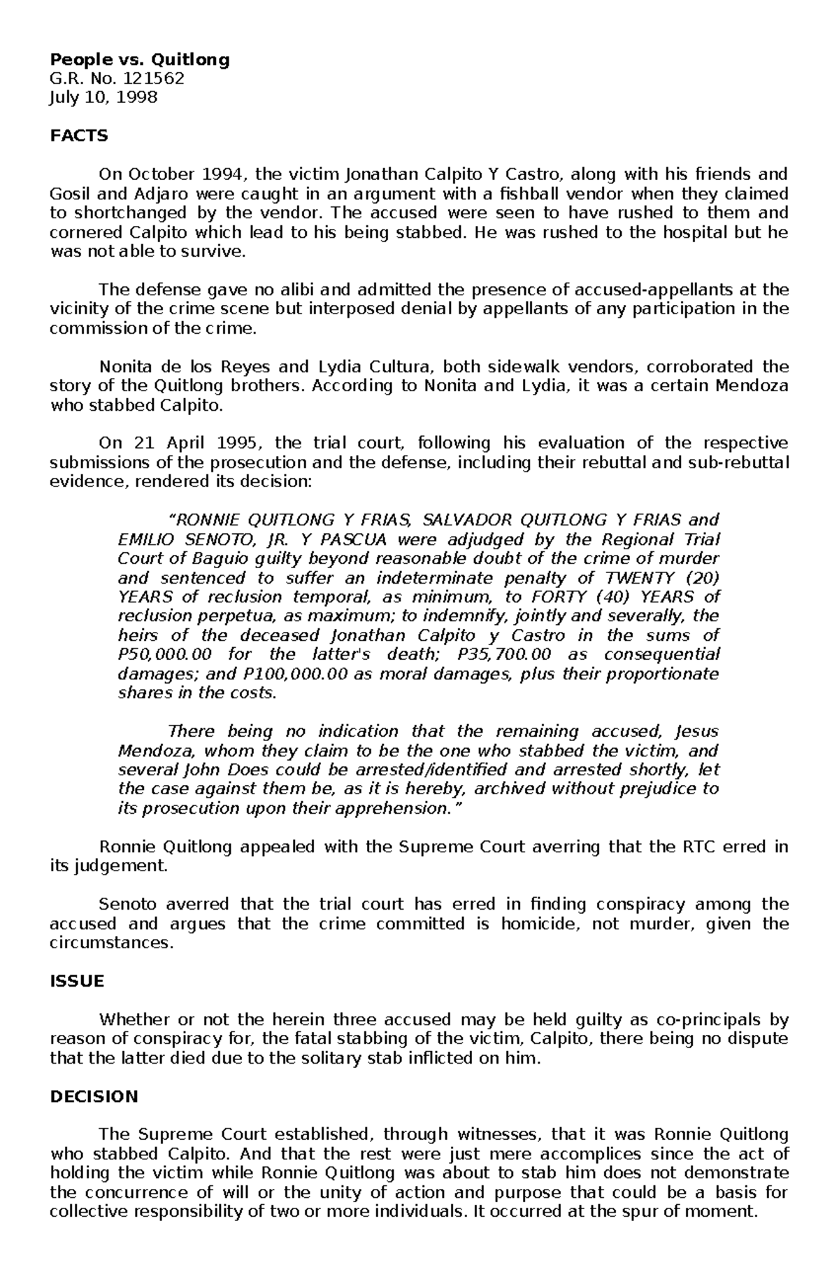 People vs. Quitlong G.R. No. 121562: Supreme Court Ruling on Murder ...