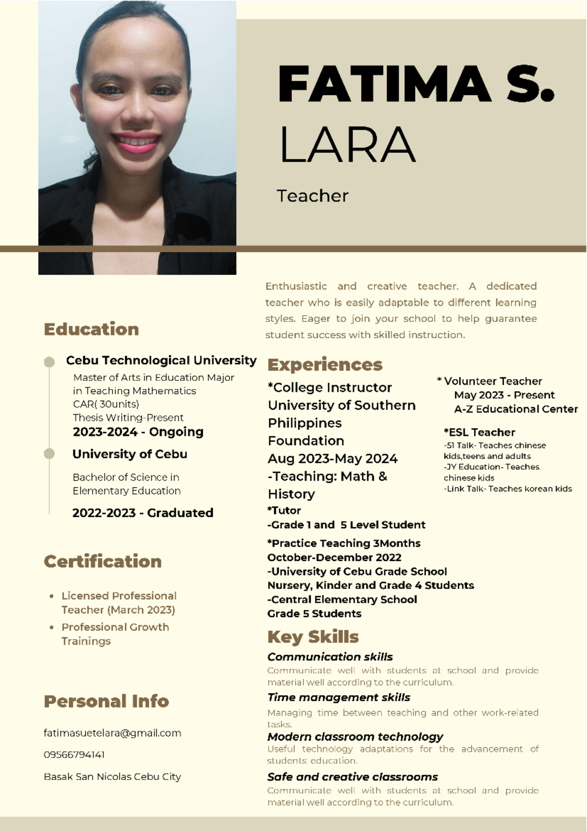 Cv - Cv curriculum vitae - FATIMA S. LARA Teacher Enthusiastic and ...
