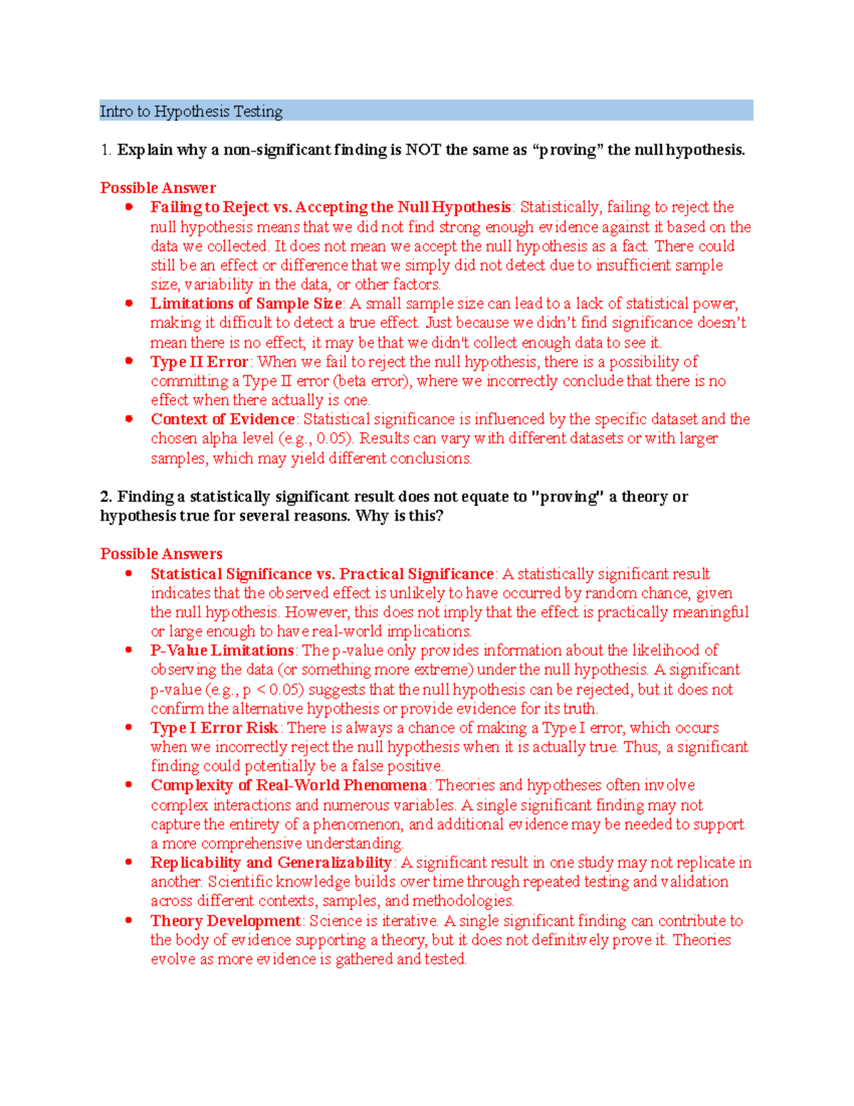 Unit 2 - Hypothesis Testing Practice Problems and Key - Studocu