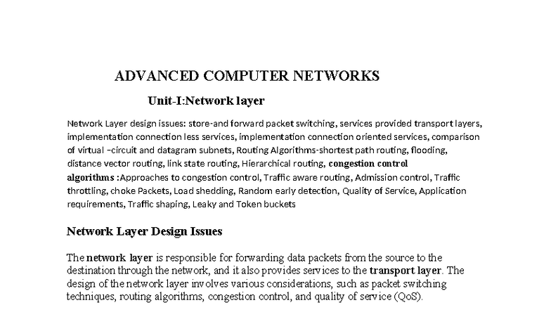 Unit 1: Advanced Computer Networks - Network Layer Design Issues - Studocu