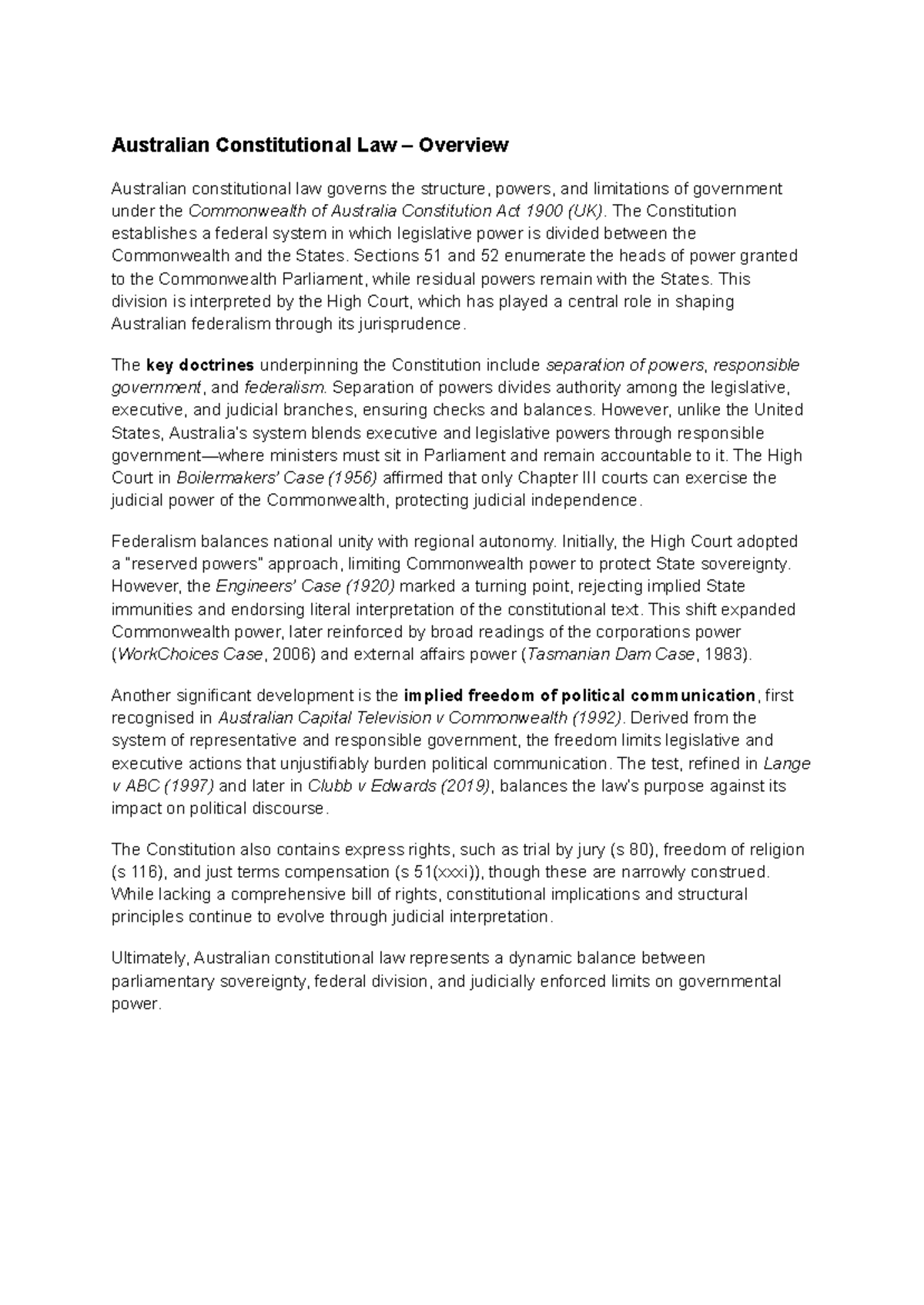 Australian Constitutional Law Overview: Key Principles and Cases - Studocu