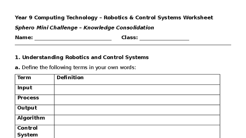 Year 9 Computing Technology - Robotics Control Systems Worksheet - Studocu