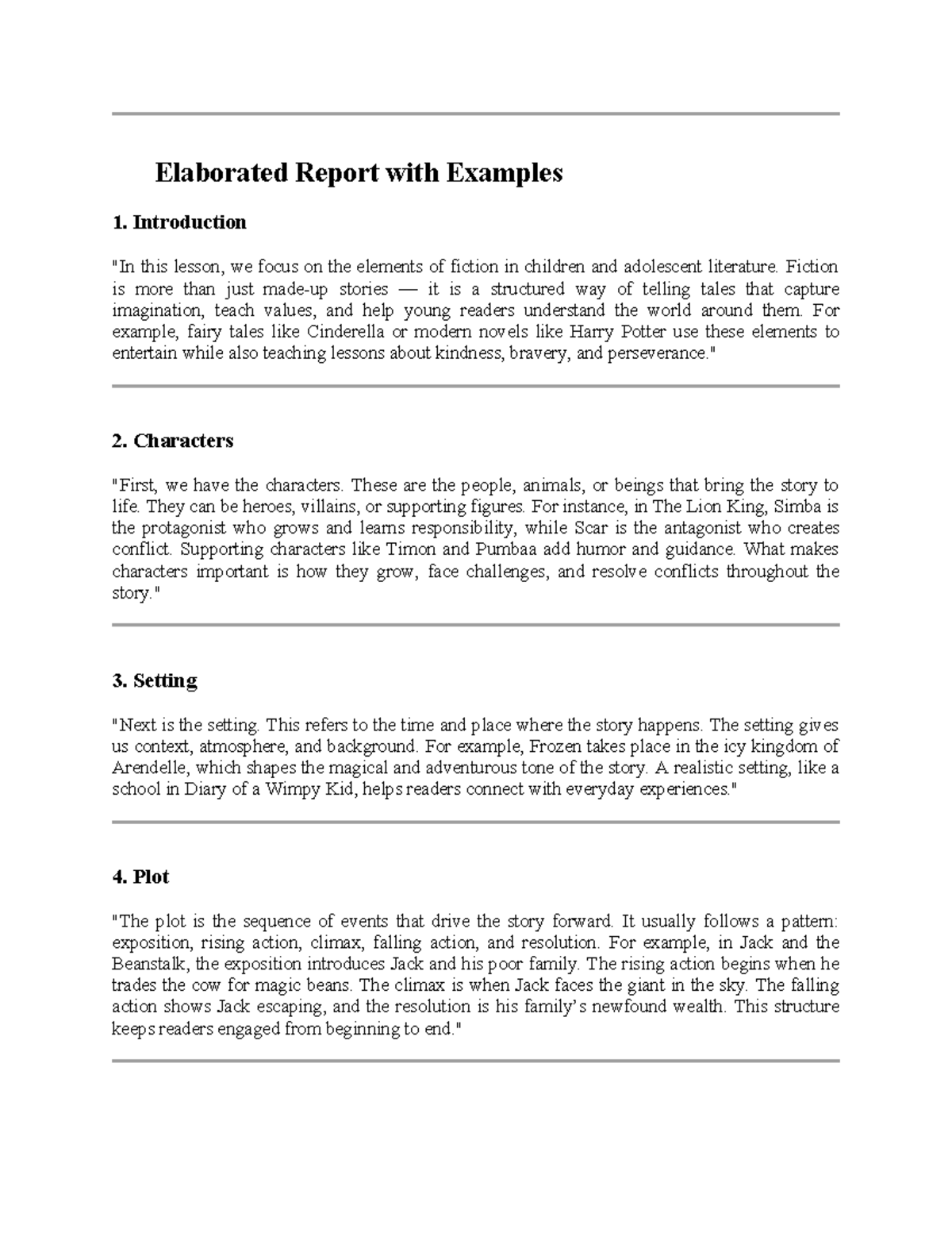 Elements of Fiction in Children & Adolescent Literature - Report II ...