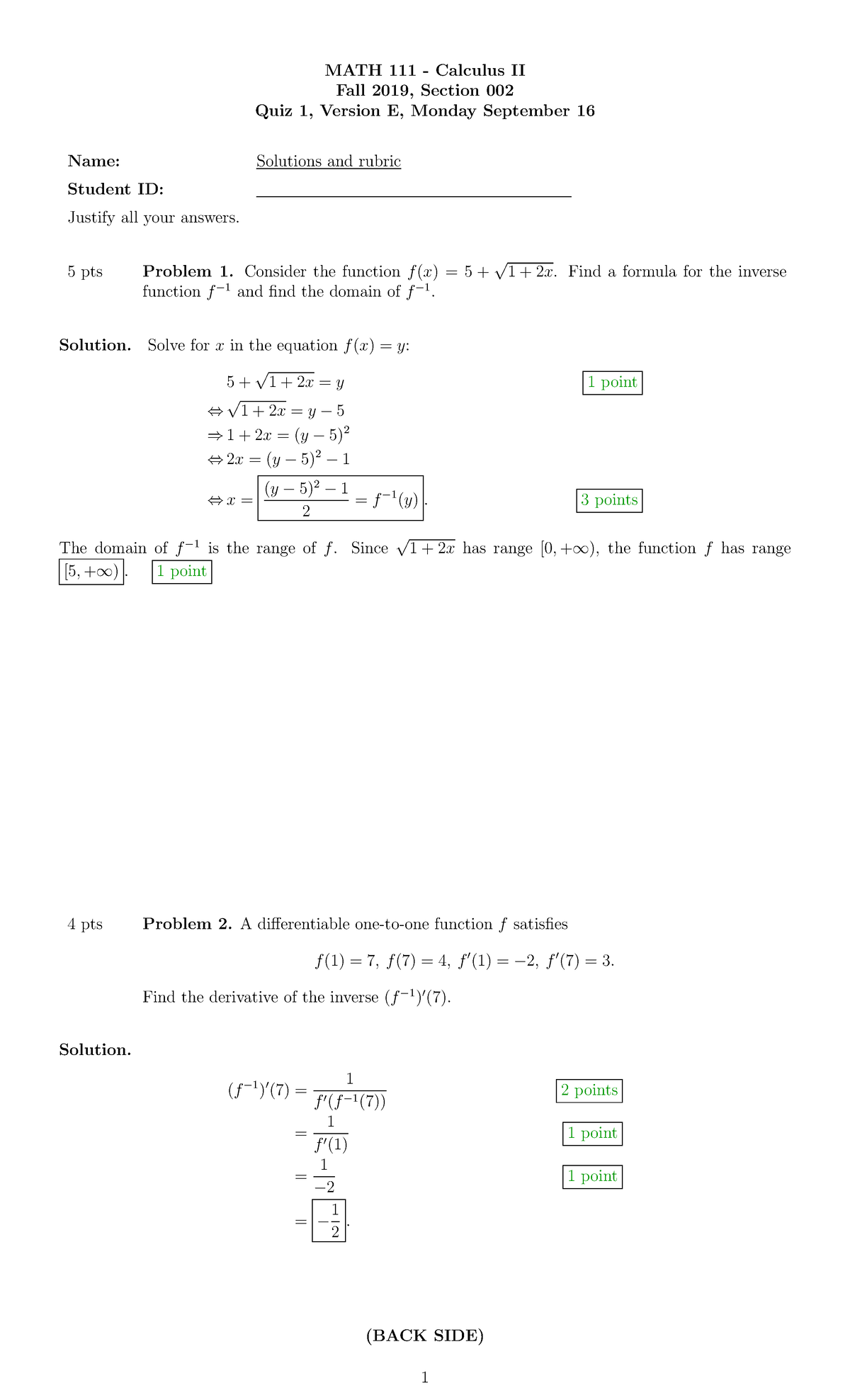 Math111Quiz1Solutions - MATH 111 - Calculus II Fall 2019, Section 002 ...