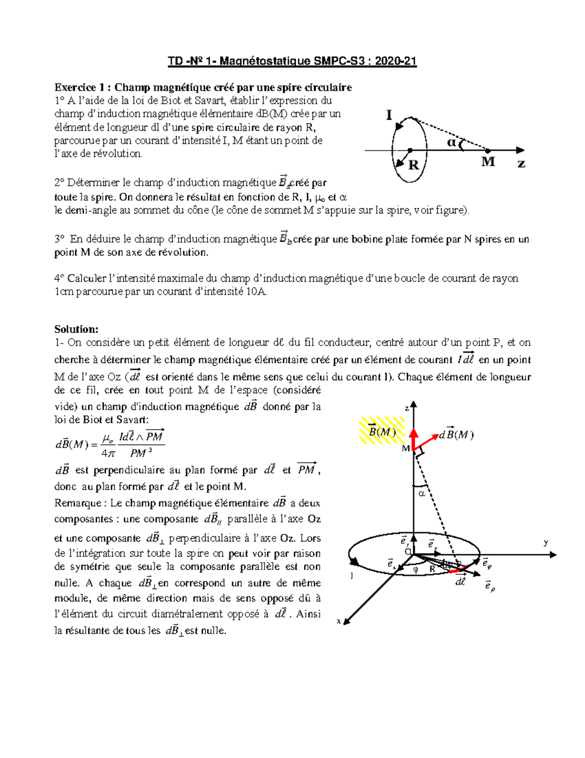 S3-Magnétostatique: Corrigé de l'Exercice 1 - Champ Magnétique d'une ...