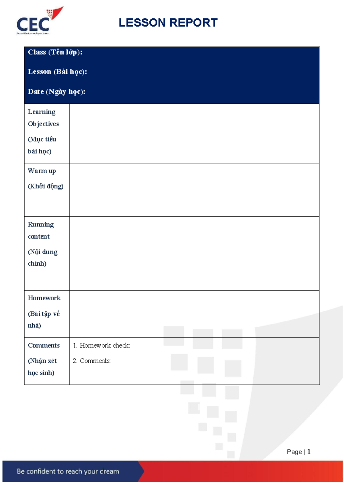 1. Lesson Report Template - Tiếng anh - LESSON REPORT Class (Tên lớp ...