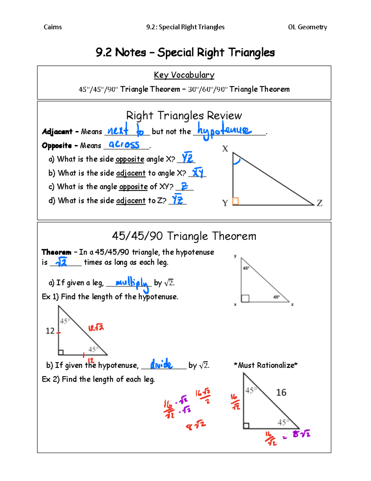 9.2 Special Right Triangles OL - Cairns 9. 2 : Special Right Triangles ...