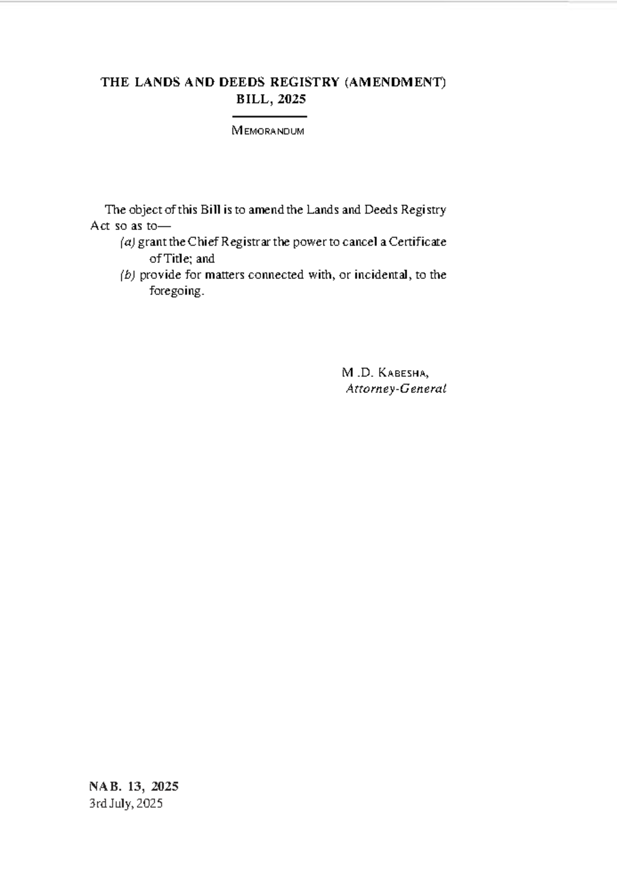 Lands and Deeds Registry (Amendment) Bill No. 13 of 2025 - Studocu
