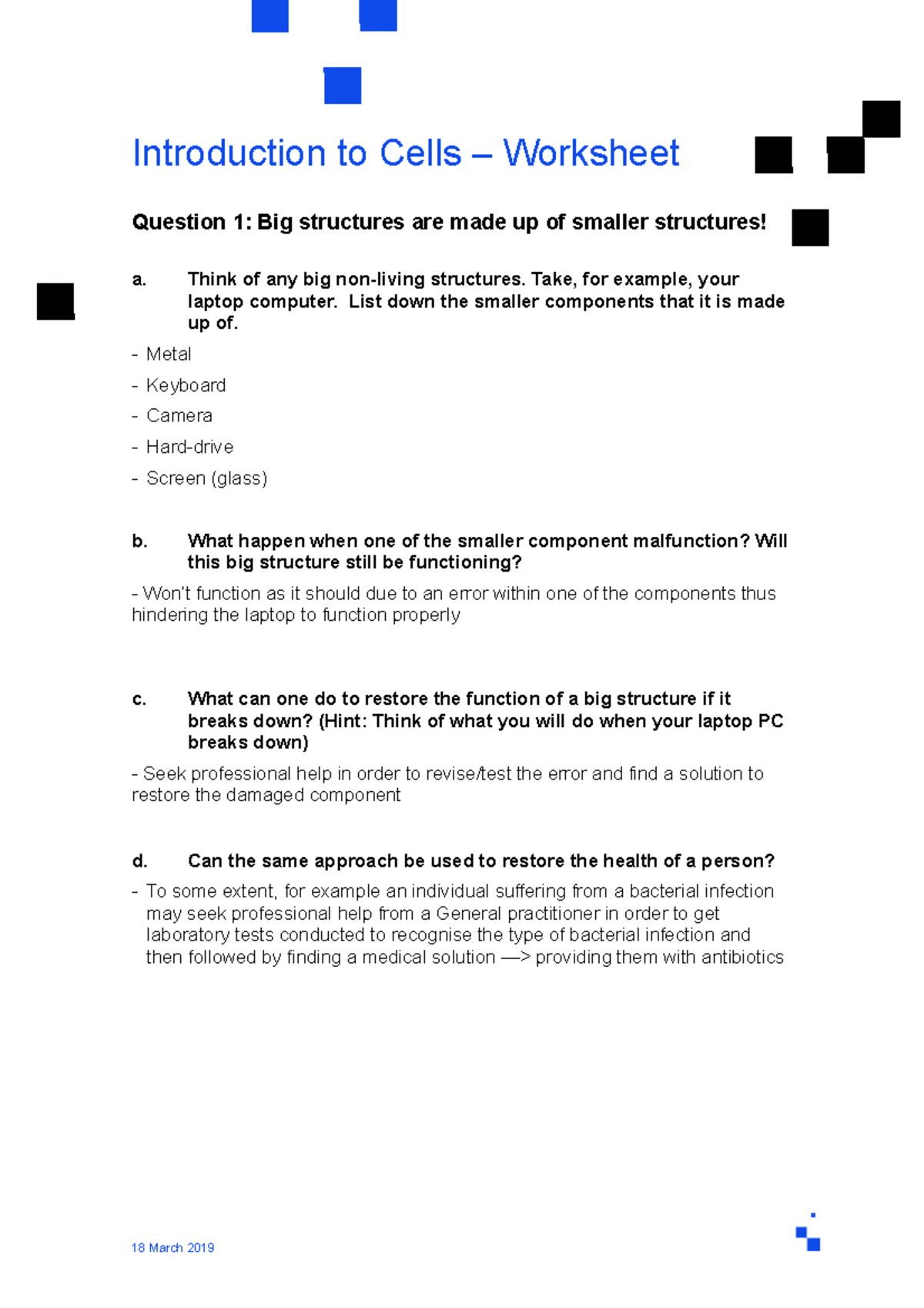 1. Introduction to cells- WS - Introduction to Cells – Worksheet ...