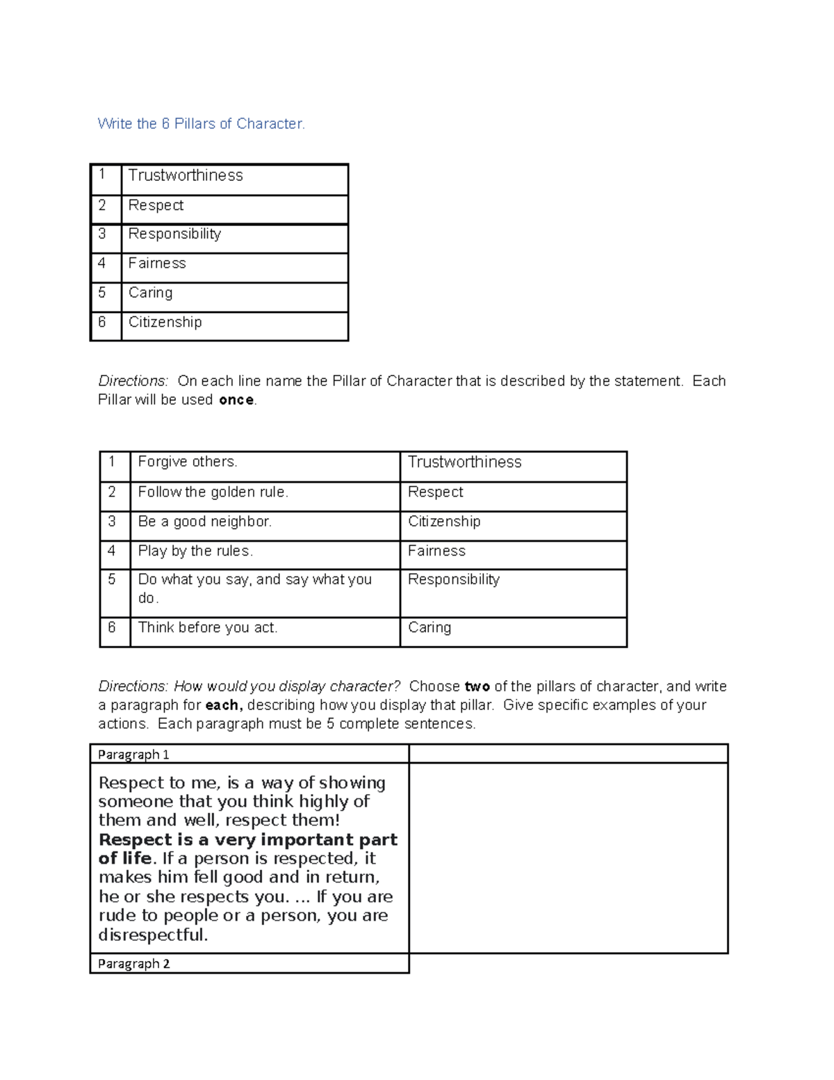 6 Pillars of Character: Notes on Trustworthiness, Respect & More - Studocu