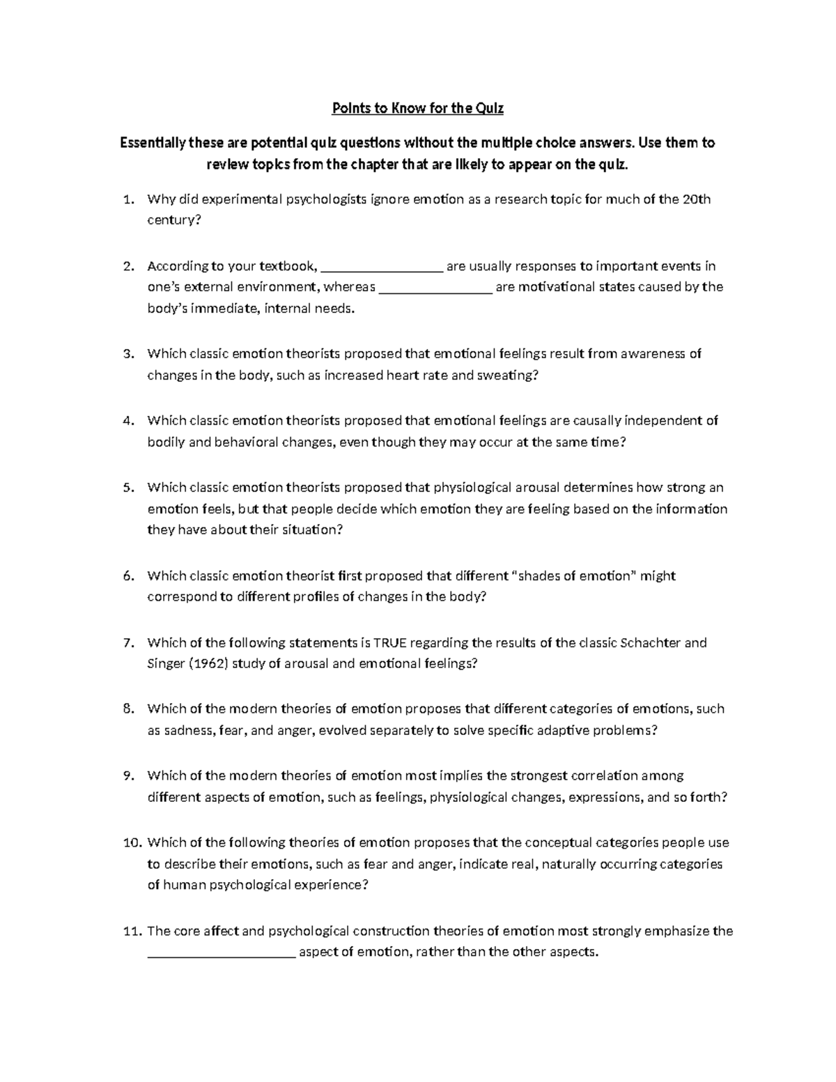 Emotional Theories Quiz Prep: Key Concepts & Questions Overview - Studocu