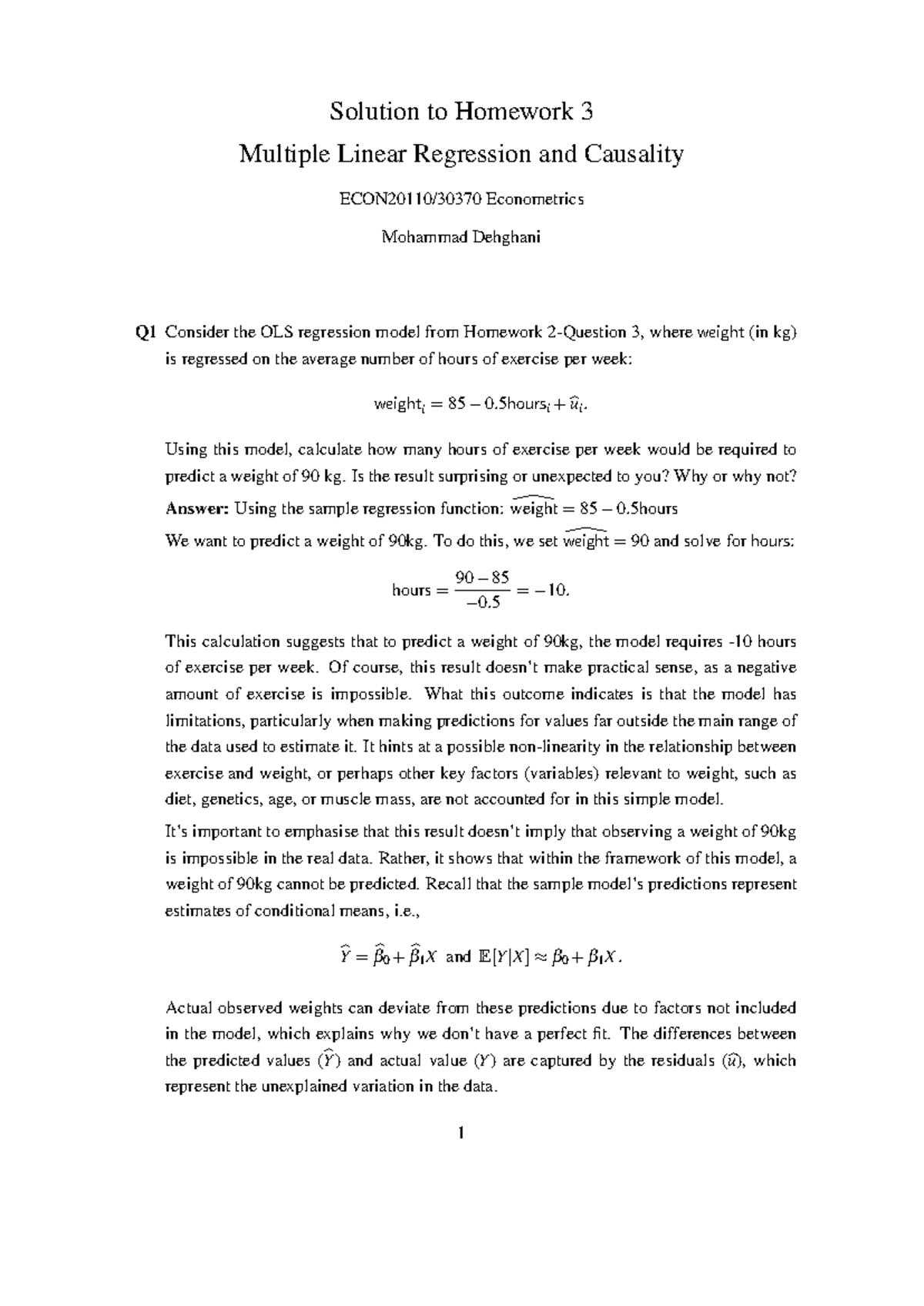 Econometrics ECON 3: Solutions to Multiple Linear Regression Homework ...