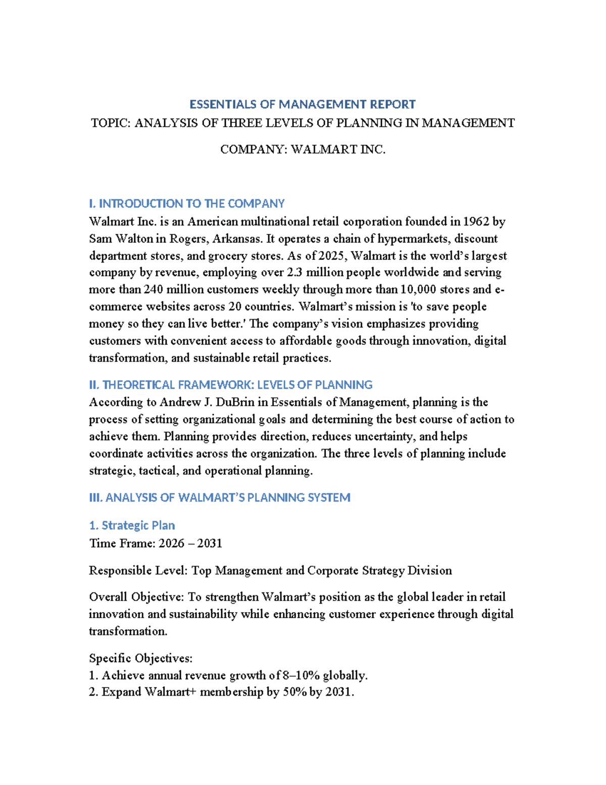 Walmart Inc. Management Report: Analysis of Planning Levels - Studocu