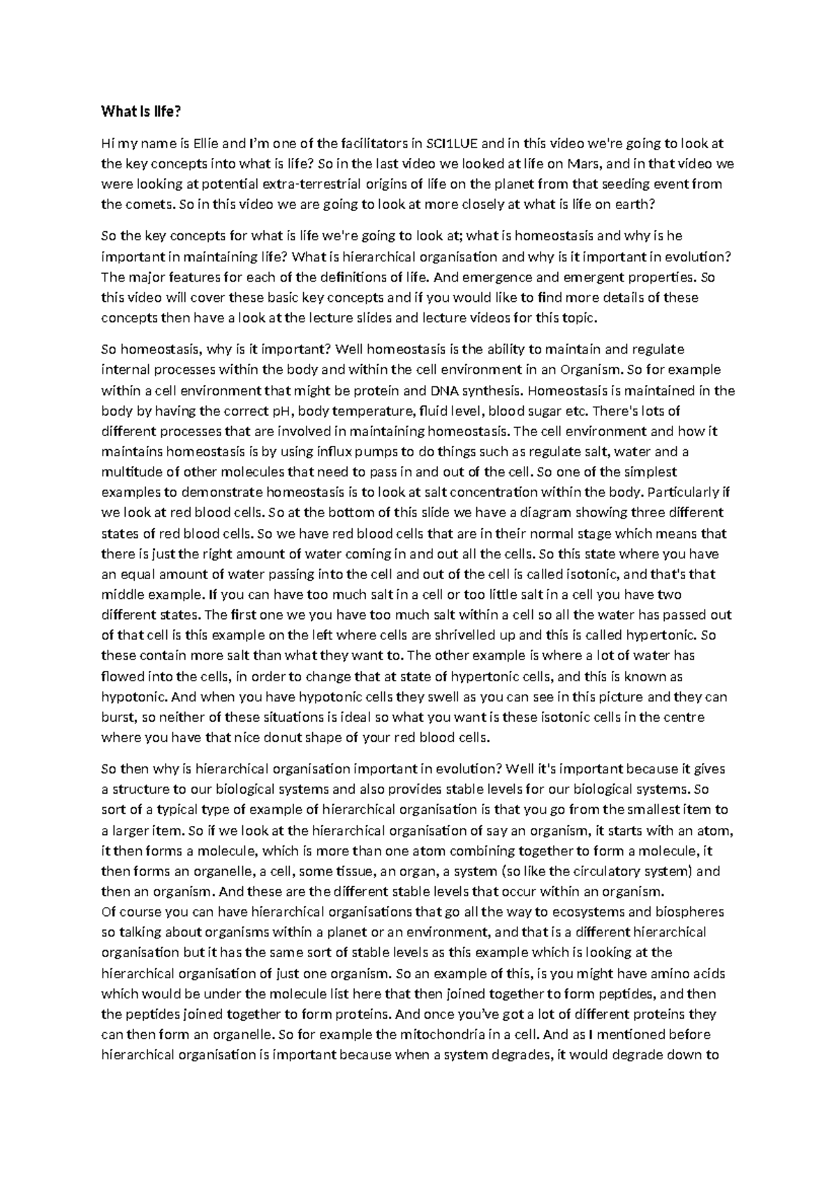 Key Concepts of Life: Homeostasis, Hierarchical Org. & Definitions ...
