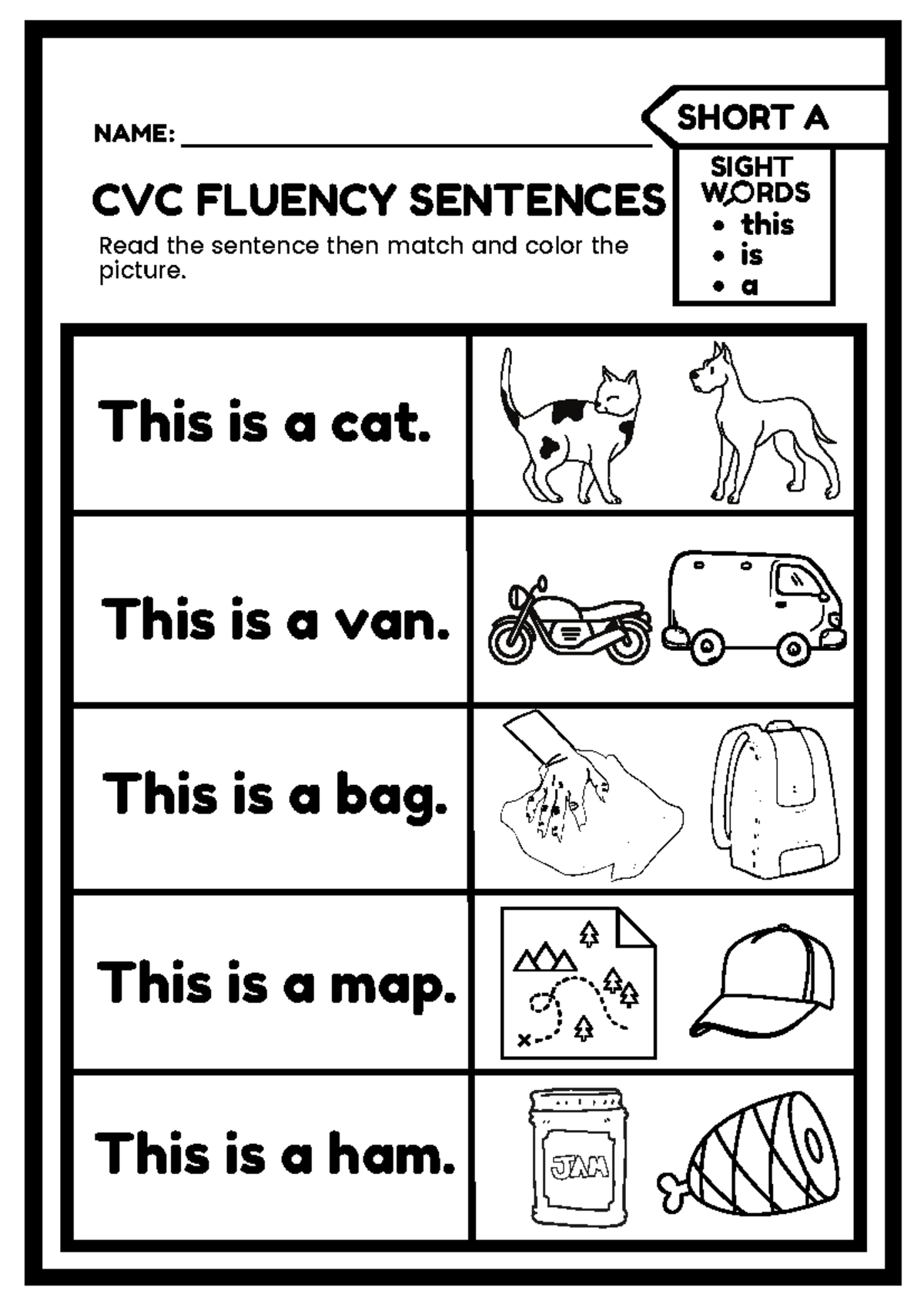 CVC Fluency Sentences: Read & Color Short A Words Worksheet - Studocu