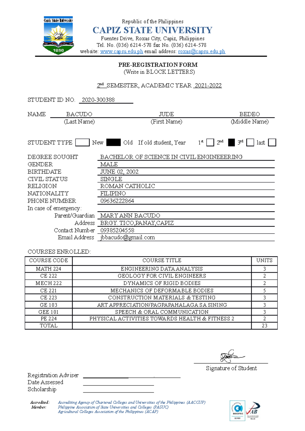Enrollment-FORM-BSCE-2A- Bacudo, JUDE B - Republic of the Philippines ...
