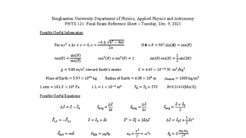 PHYS 121: Final Exam Reference Sheet - Binghamton University - Studocu
