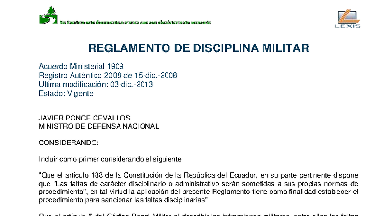 Reglamento de Disciplina Militar - Acuerdo Ministerial 1909 - Studocu
