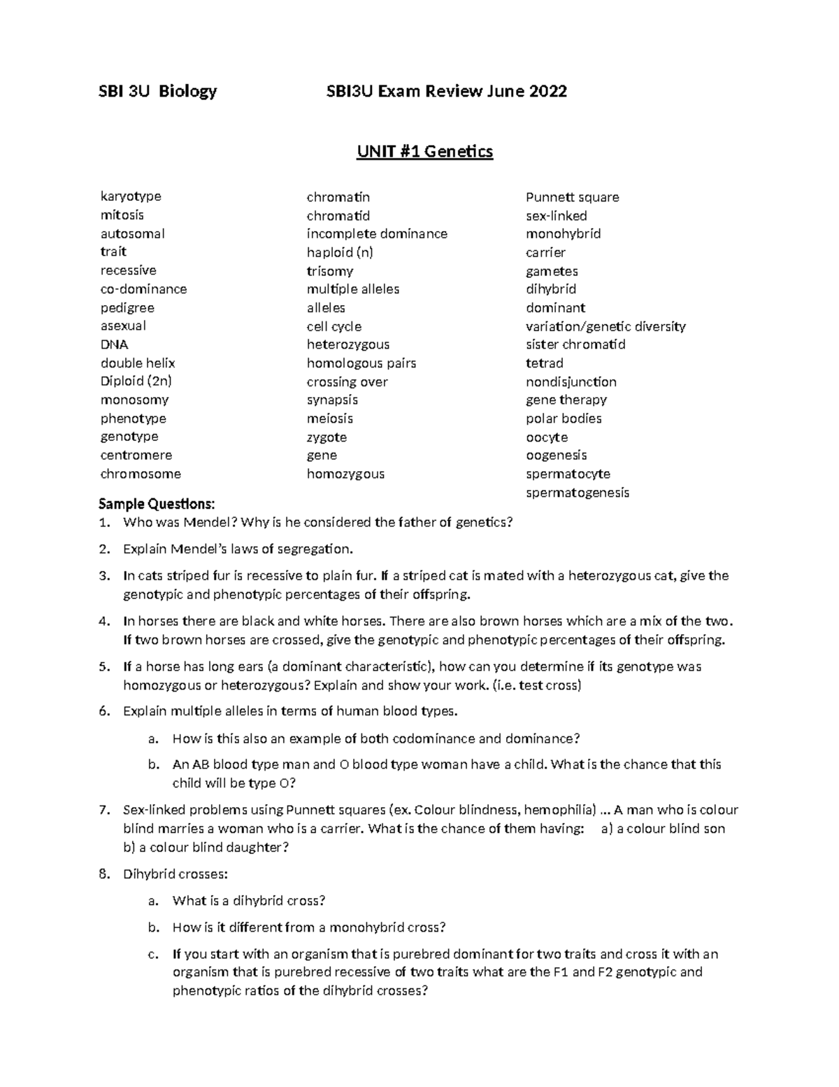 SBI3U Biology Exam Review - Key Concepts & Sample Questions 2022 - Studocu