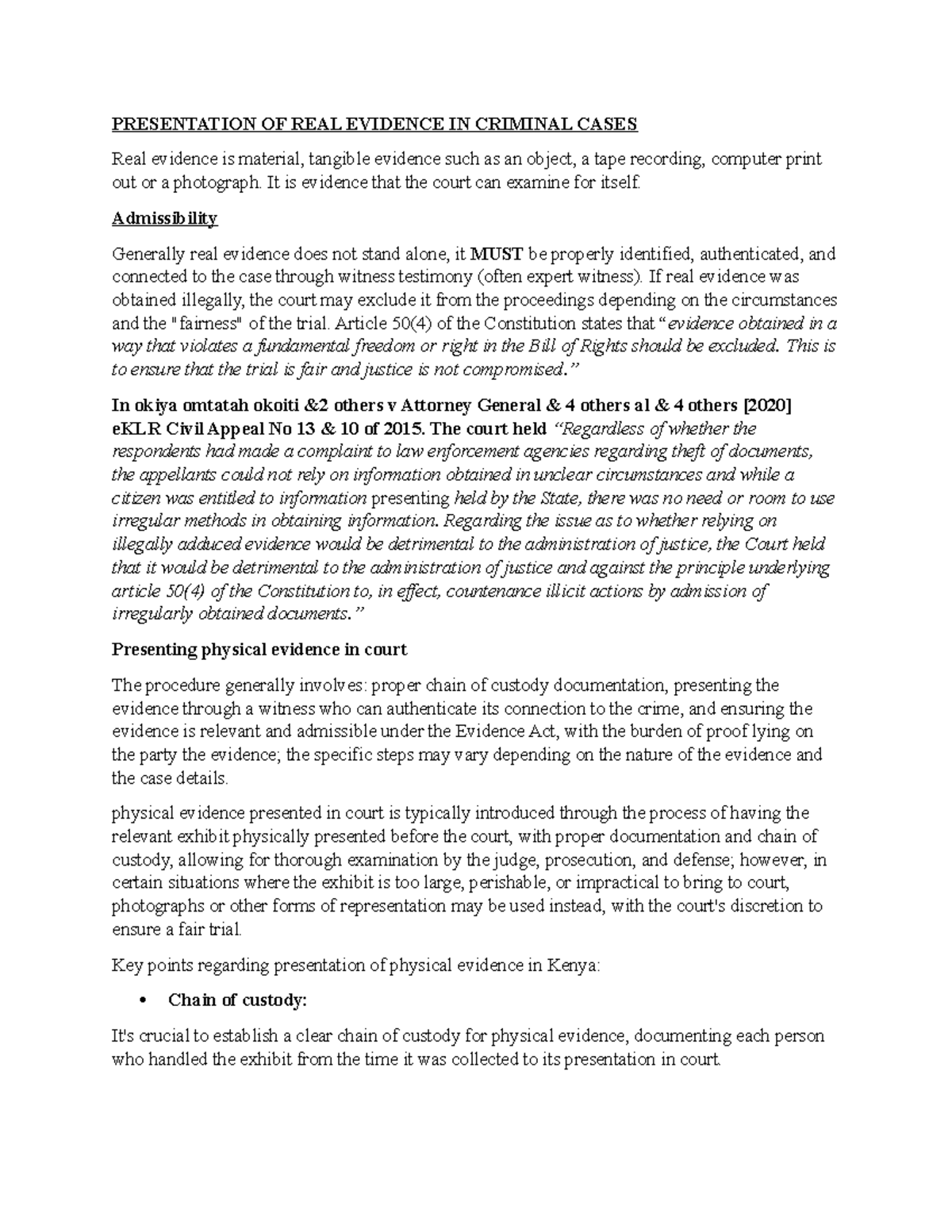 Real Evidence Presentation in Criminal Law - CRIMINAL LAW - Studocu