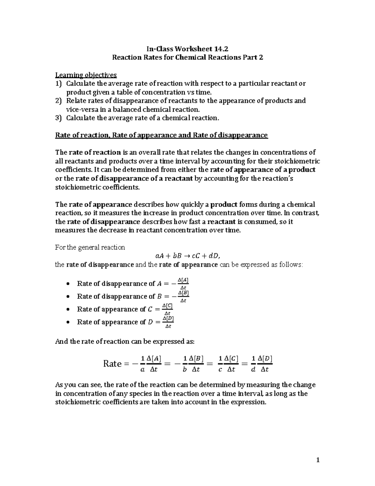 Worksheet 14.2: Analyzing Reaction Rates in Chemical Reactions Part 2 ...