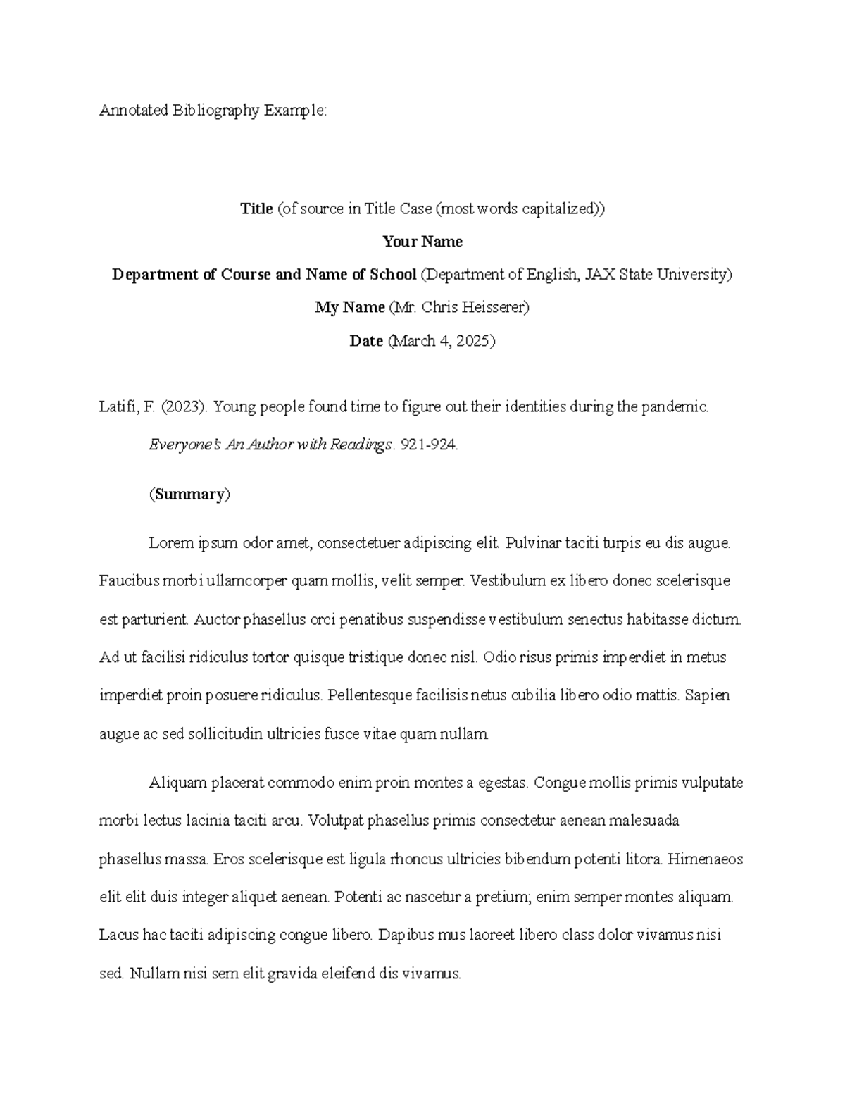 Annotated Bibliography Example for ENG 101 - JAX State University - Studocu
