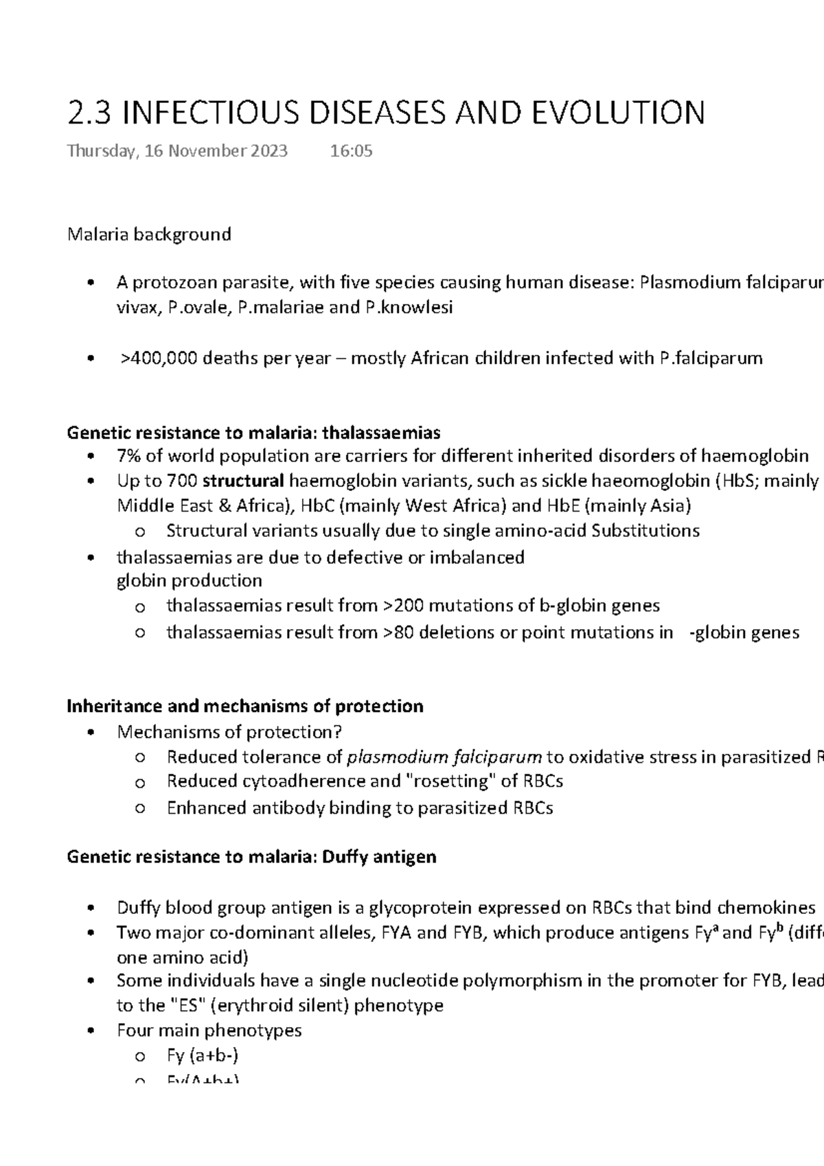 2.3 Infectious Diseases AND Evolution - Malaria background A protozoan ...