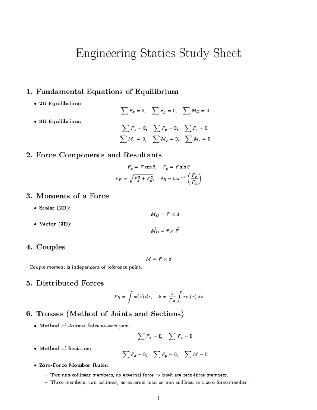 Engineering Statics Study Sheet: Final Exam Equilibrium Equations - Studocu
