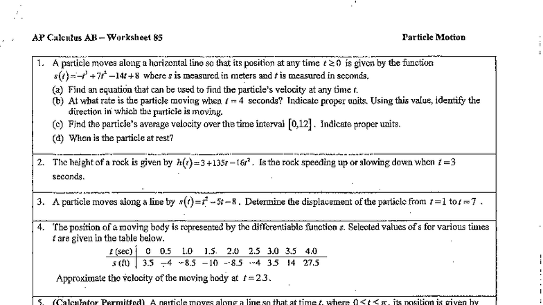 AP Calculus AB Final Exam Worksheet 85: Particle Motion Analysis - Studocu