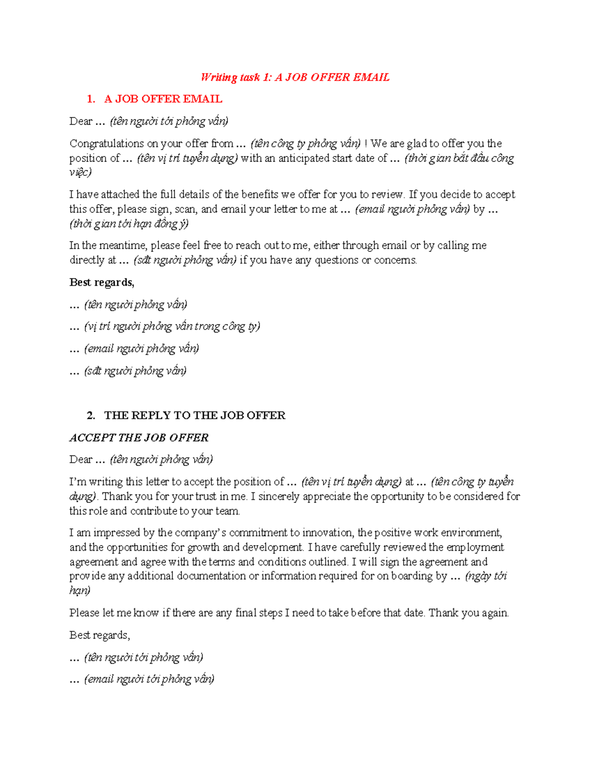 COB1: Writing Task 1 & 2 - Job Offer & Inquiry Letters - Studocu