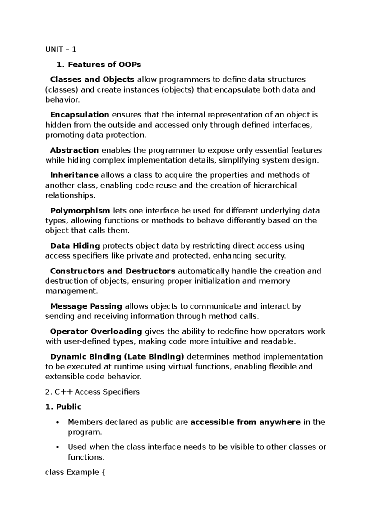 OODP Unit 1: Key Concepts of OOPs and Sample Programs - Studocu