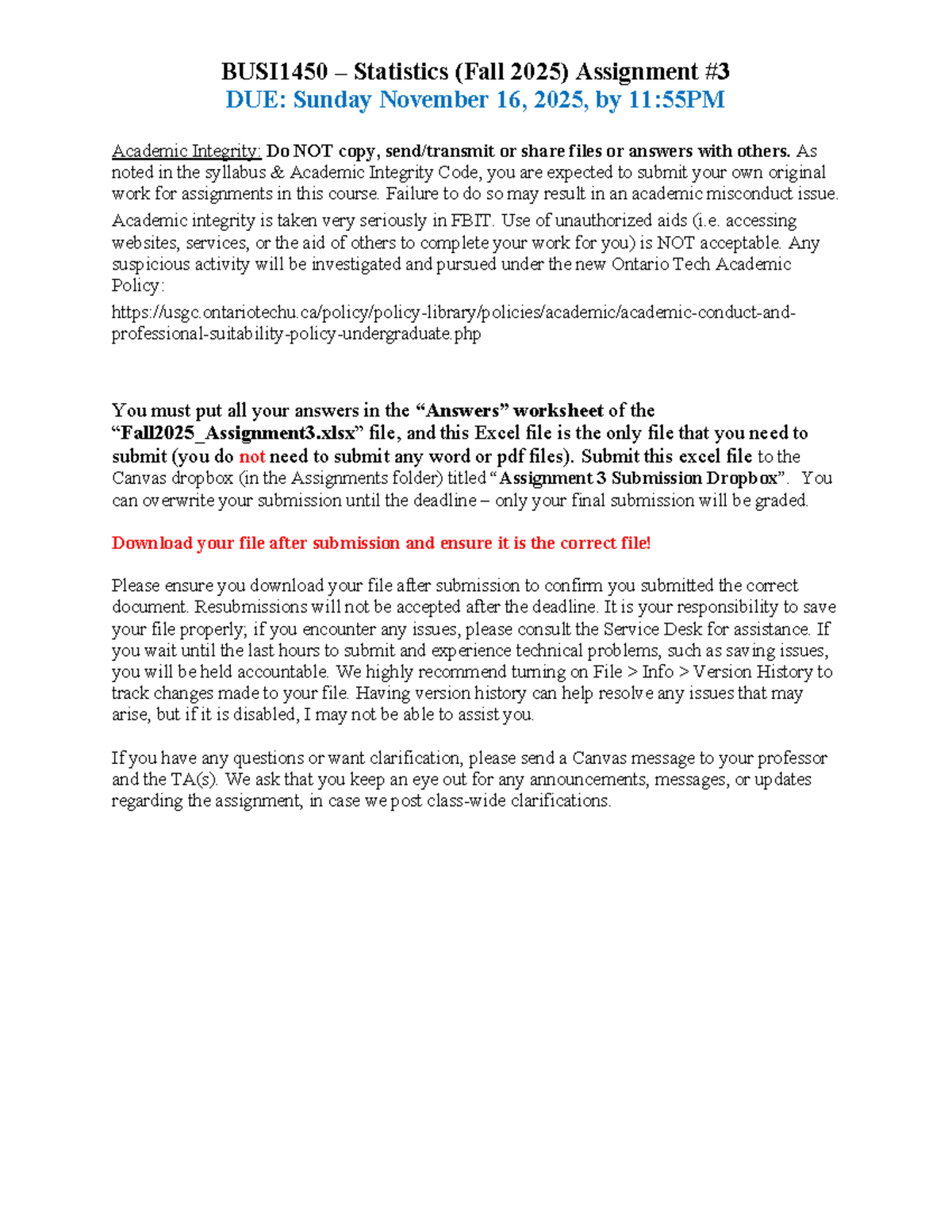 BUSI1450 Statistics (Fall 2025) Assignment 3 Notes and Guidelines - Studocu