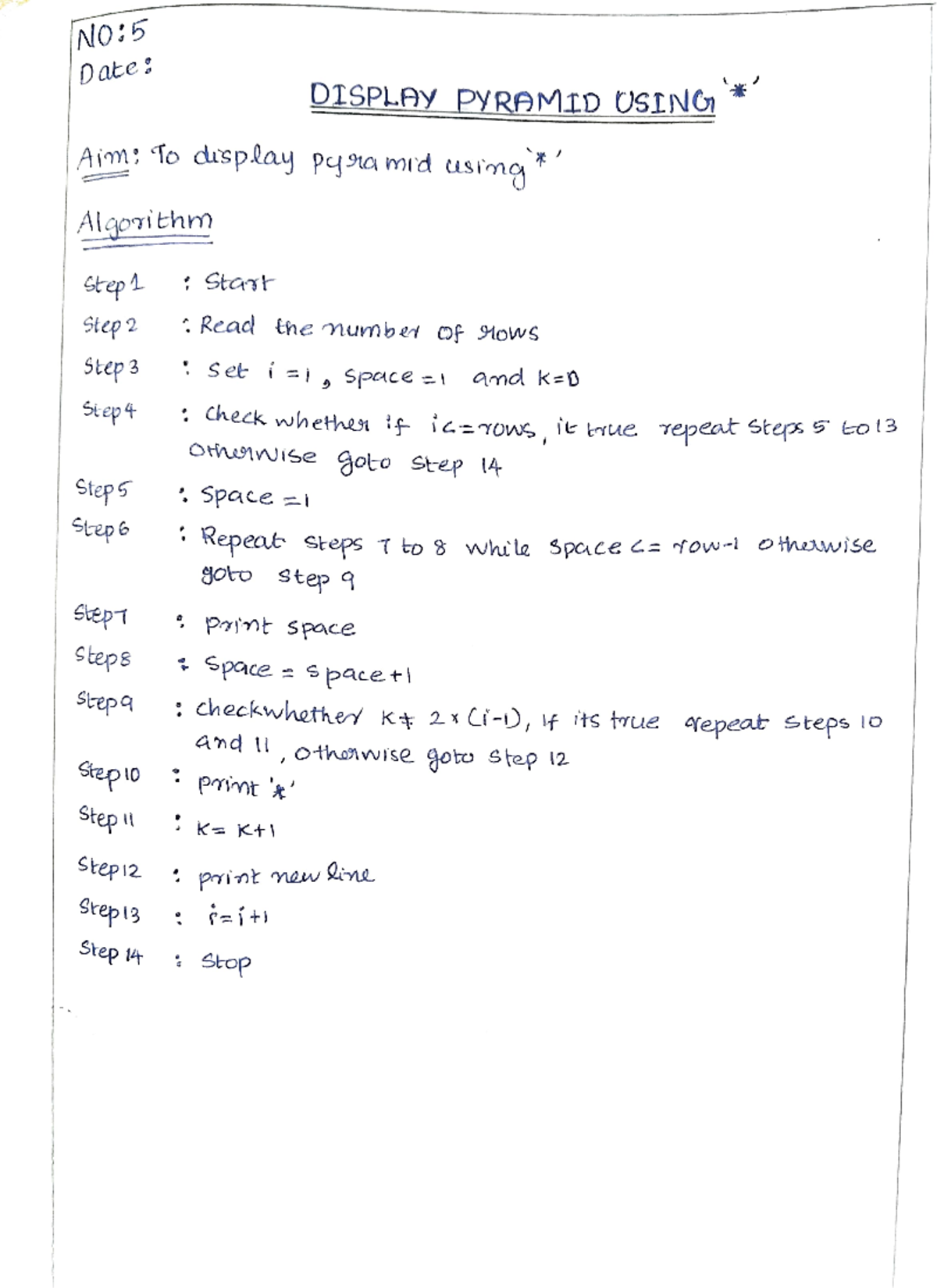 C Program Flowchart And Algorithm To Display Pyramid Using No5 Date