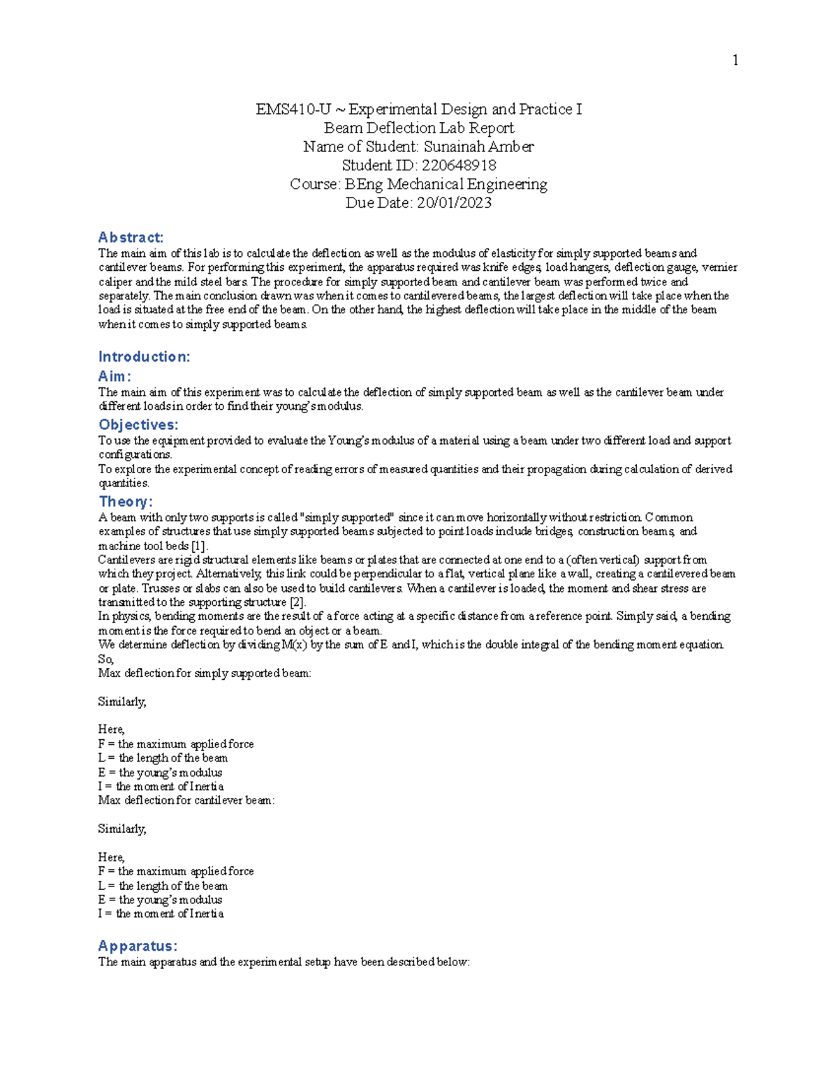 Beam Deflection Experiment Report - EMS410-U Lab Session - Studocu