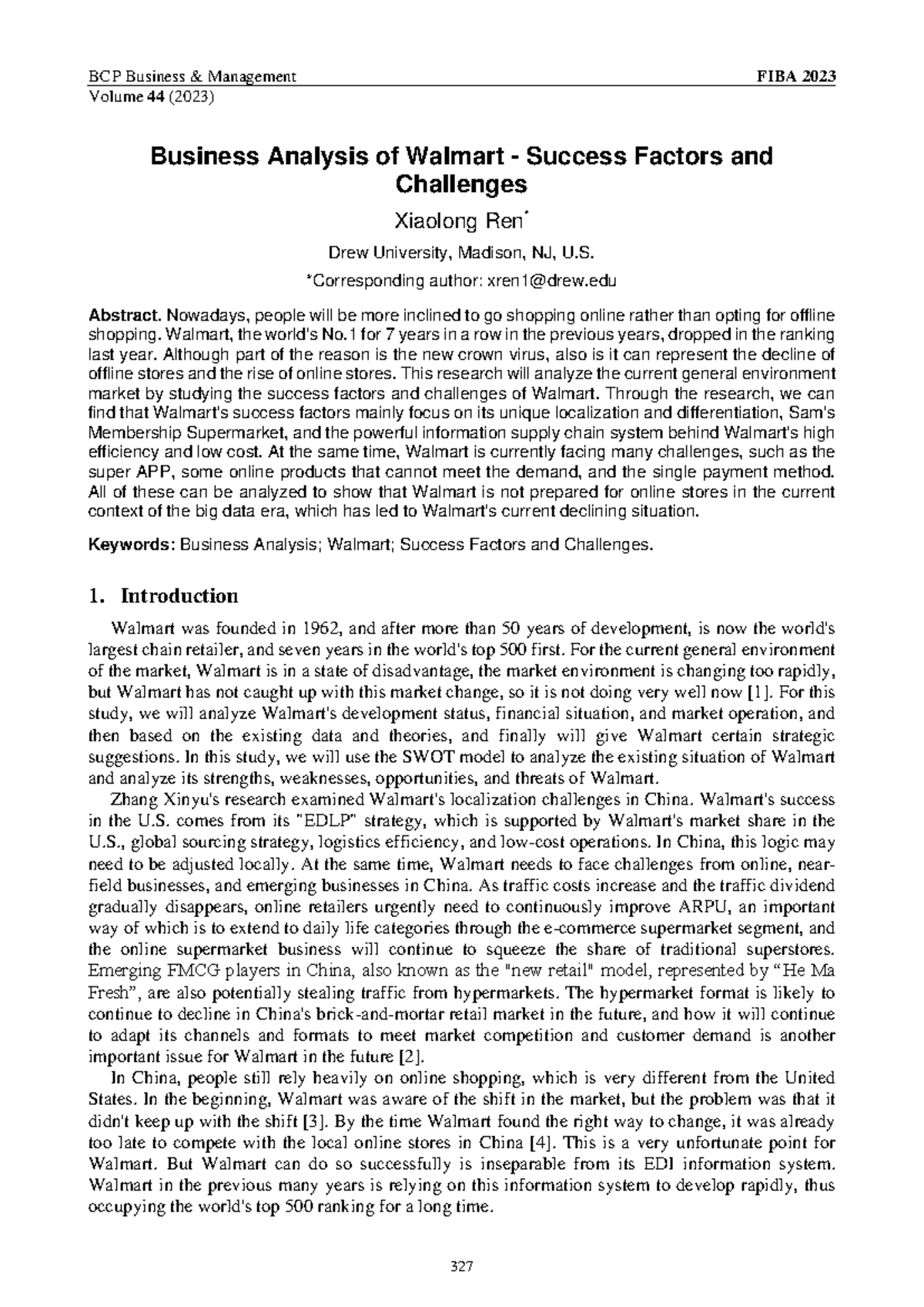 BCP Business Management Volume 44 (2023) FIBA 2023: Walmart's Success ...