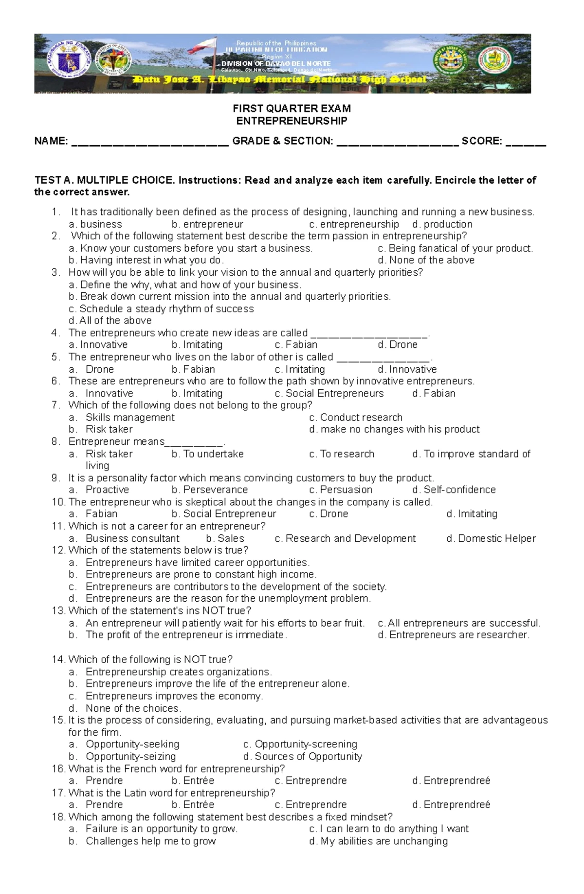 Cookery 10 First Quarter EXAM - TLE – Cookery 10 FIRST QUARTER EXAM ...