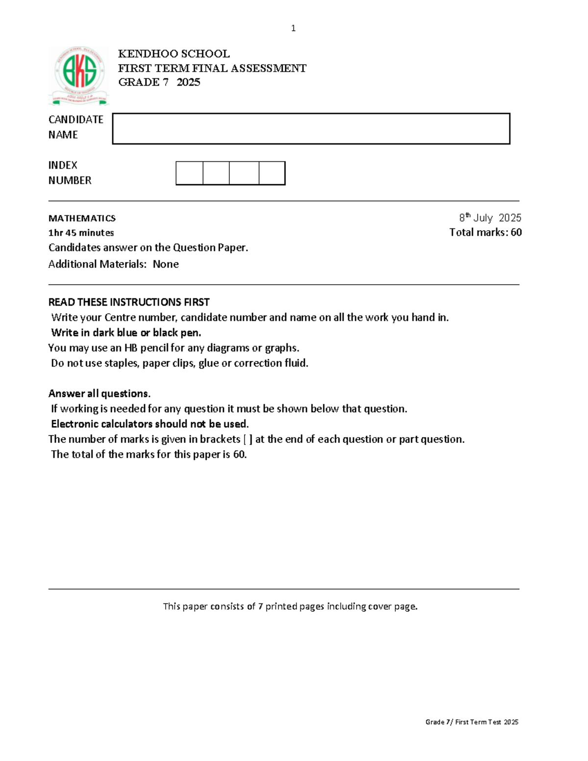 Grade 7 Mathematics First Term Final Assessment 2025 - Studocu