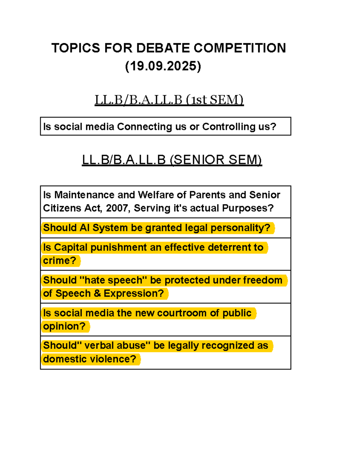 Topics FOR Debate Competition(19 - TOPICS FOR DEBATE COMPETITION (19.09 ...