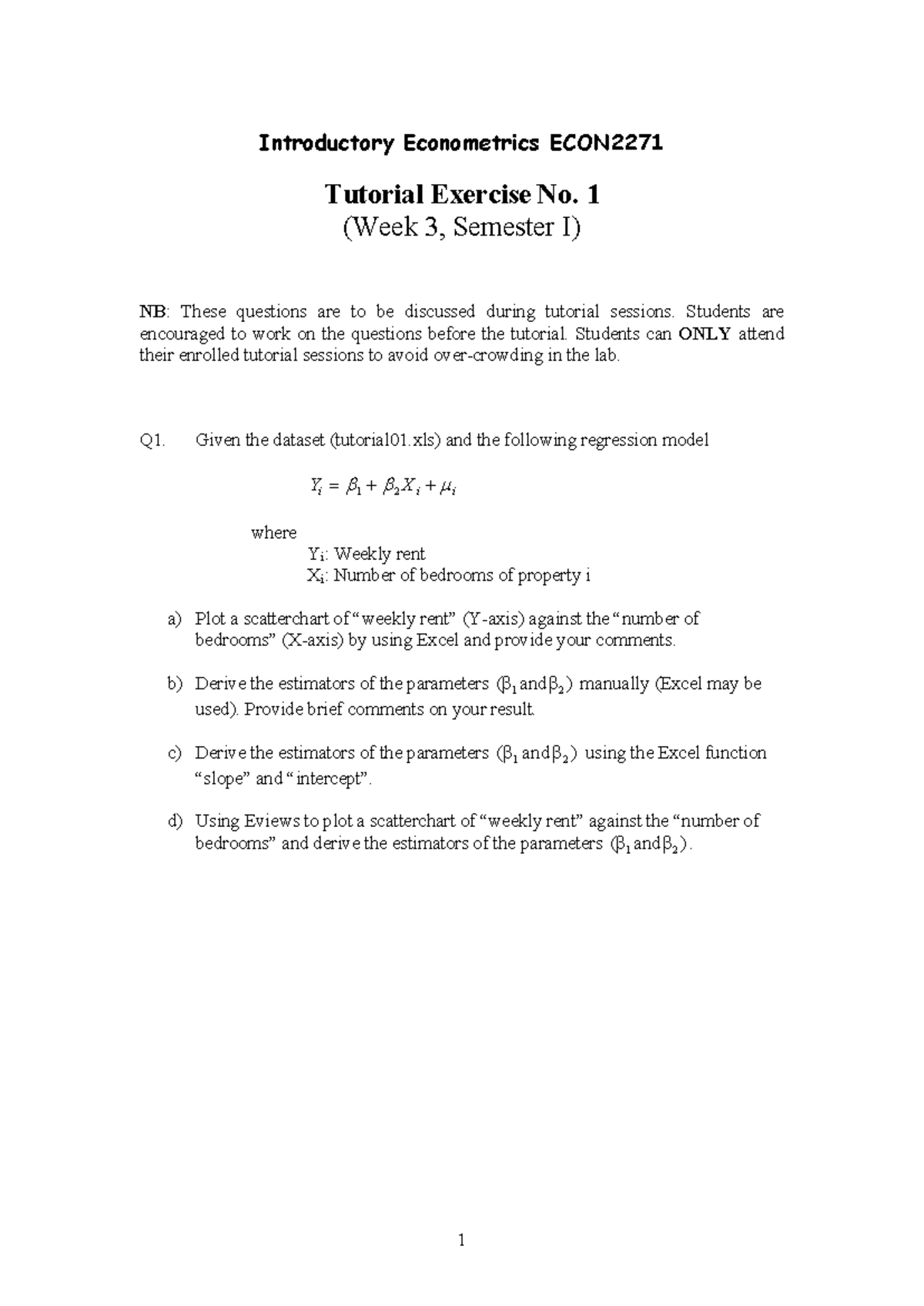 Tutorial Worksheet 1 for ECON2271: Introductory Econometrics Exercise 1 ...