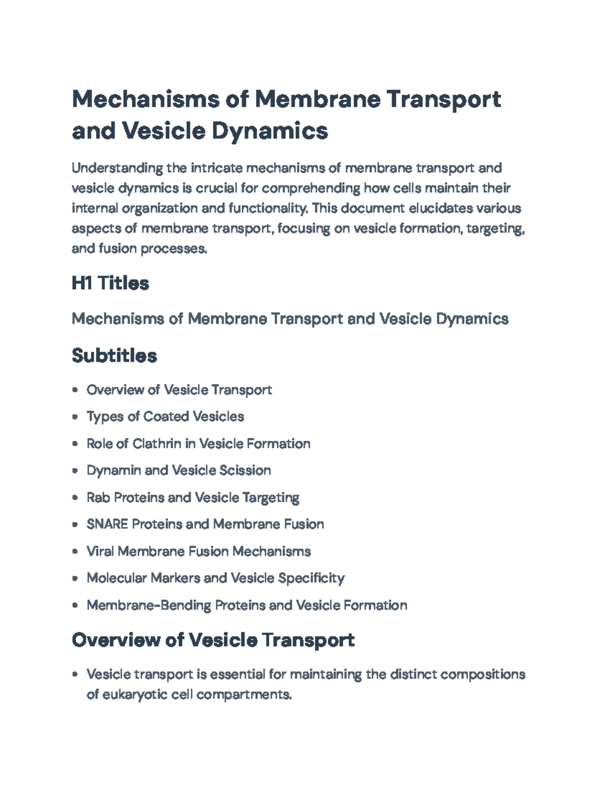 Mechanisms of Membrane Transport and Vesicle Dynamics Overview ...