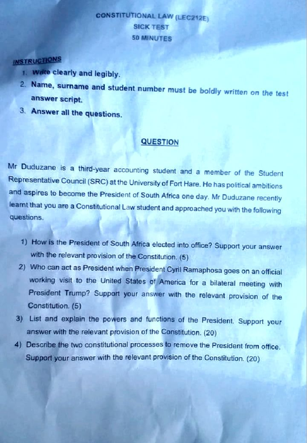 CONSTITUTIONAL LAW (LEC212E) SICK TEST 2025 - PRACTICE QUESTIONS - Studocu