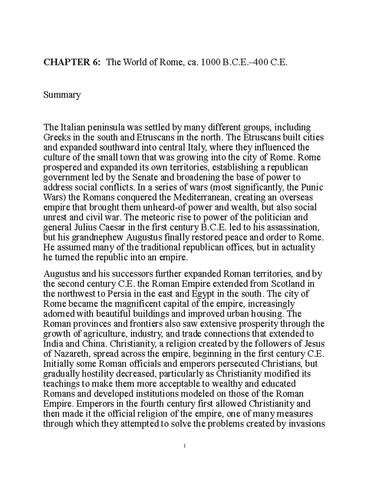 CHAPTER 6: The World of Rome, 1000 B.C.E.–400 C.E. Summary - Studocu