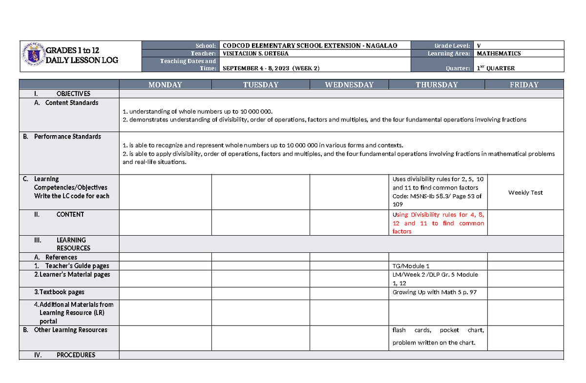 DLL Mathematics 5 Q1 W2: Daily Lesson Log and Activities - Studocu